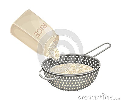 Cooking Rice Process With Grain Sieving And Washing In Strainer Vector ...