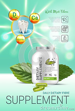 Cool Mint Dietary Supplement Ads. Vector Illustration With Honey ...