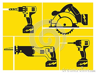 Cordless Power Tools In Action On Yellow Background Cartoon Vector ...