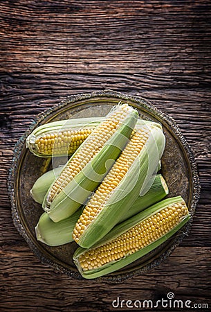 Corn. Fresh Corn On Old Rustic Oak Table Royalty-Free Stock Photography ...