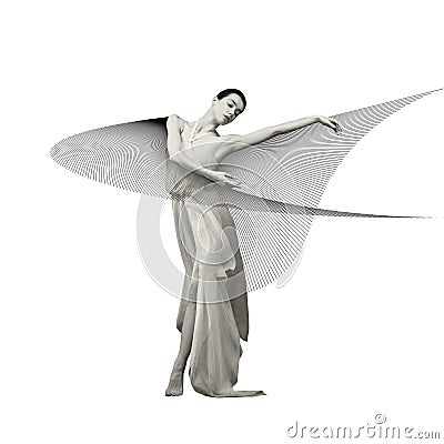 Cotemporary Art Collage. Dancer In Serene Pose Encircled By Abstract Geometric Lines ...