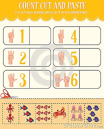 Count Cut And Paste Math Worksheet For Children Cartoon Vector ...