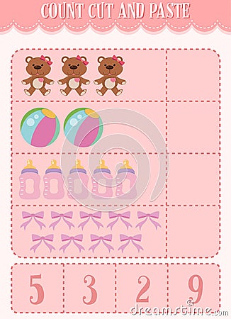Count, Cut And Paste Maths Worksheet For Children Vector Illustration ...