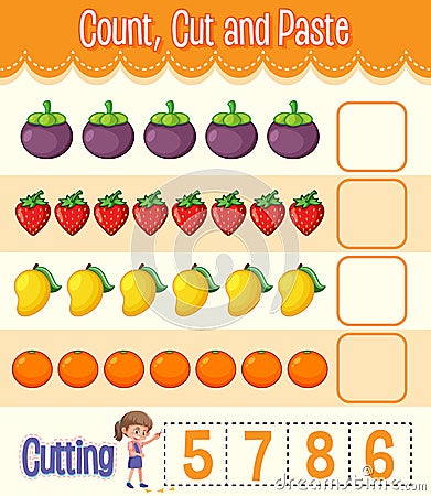 Count Cut And Paste Maths Worksheet For Children Cartoon Vector ...