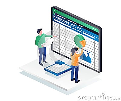 A Couple Is Editing A Table In Excel Royalty-Free Cartoon ...