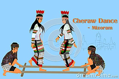 Couple Performing Cheraw Folk Dance Of Mizoram, India Vector ...