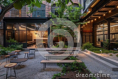 Courtyard Surrounded By Brick Walls, Featuring Tables And Benches For ...