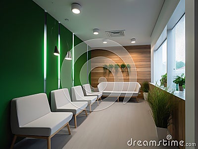 Cozy Modern Waiting Room: Green Wall With Wood Cladding & Sleek White ...
