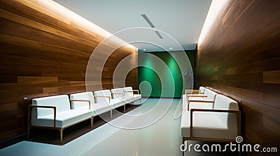 Cozy Modern Waiting Room: Green Wall With Wood Cladding & Sleek White ...