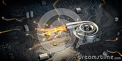 CPU Microchip Turbocharger With Fire Flame On Computer Motherboard ...