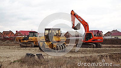 Crawler Loader Excavator, Bulldozer and Roller Work on Construction ...