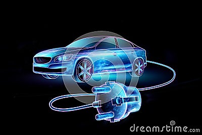 Creative Background, Electric Car With Charging Wire, Hologram. The ...