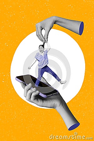 Creative Retro 3d Magazine Image Of Big Arms Pulling Device Small Girl ...