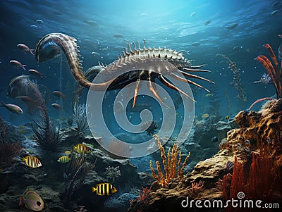 Creatures Of The Cambrian Underwater Scene With Pirania And Dinomischus ...