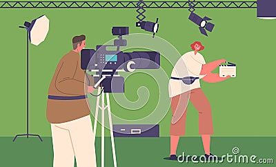 Crew Characters With Clapperboard And Camera In A Film Studio, Engage ...