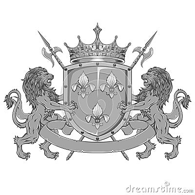 Heraldic Shield With Two Rampant Lions Vector Illustration ...