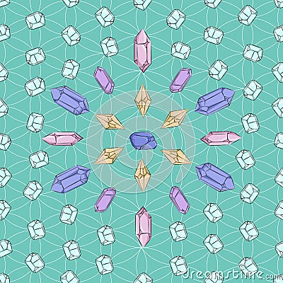Crystals And Diamonds On Wiccan Grid Pattern Vector Illustration ...