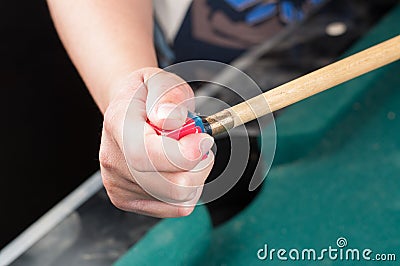 Cue Stick With Chalk Block On Green Billiard Table.Chalk Block On Pool ...