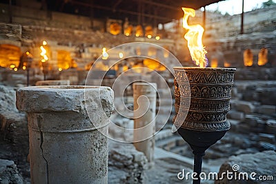 Cultural Site Of Ancient Amphitheater With Torchlight And Columns ...