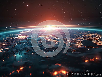 Curved Horizon Of A Digital Earth Networks Aglow Showcasing Global ...