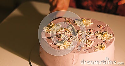 Cut the Birthday Cake into Pieces on the Table with a Knife Stock Video ...