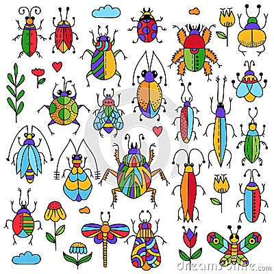 Cute Bugs Insects Doodle Collection Stock Vector - Image: 80148336