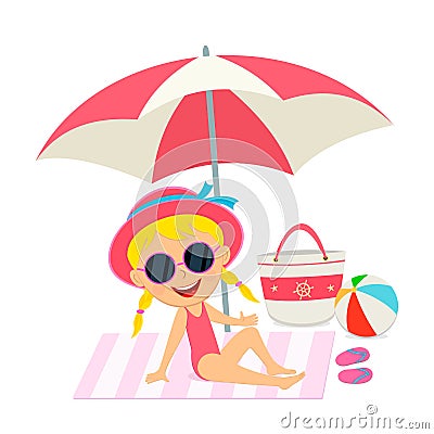 Cute Cartoon Girl Sunbathing In Summer Vector Illustration ...