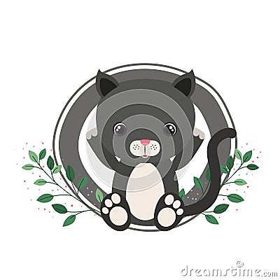Cute Cat With Branch And Leaves Of Background Vector Illustration ...