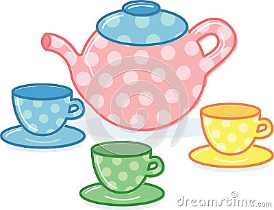 Cute Classic Style Tea Pot And Cups Illustration Cartoon Vector ...