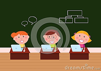 Cute Happy Kids In Classroom With Laptop Vector Illustration ...