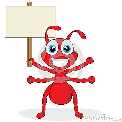 Cute Little Red Ant With Wood Sign Stock Photos - Image: 17179313