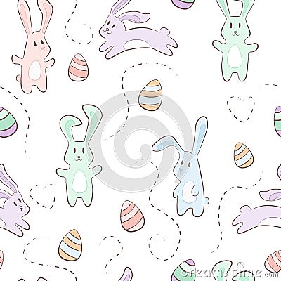 Cute Pastel Cartoon Bunny Rabit Animal With Eggs Pattern Vector ...