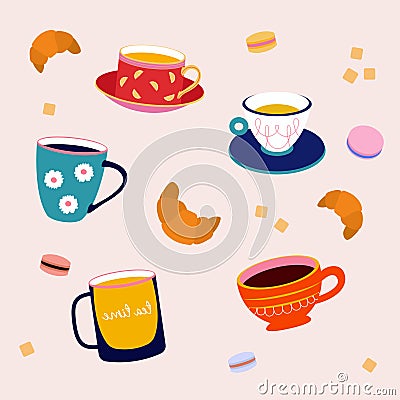 Cute Set Of Vector Cups And Glasses For A Coffee Or Tea Break ...