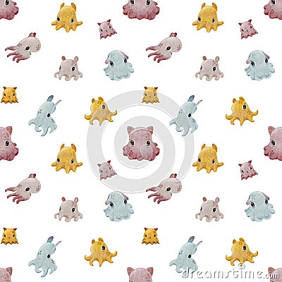 Cute Tiny Watercolor Dumbo Octopus In Pastel Colors Seamless Pattern ...
