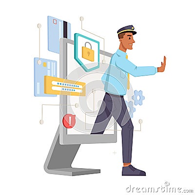 Cyber Police Officer And Personal Data Protection Cartoon Vector ...