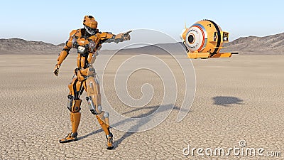 Cyborg Worker With Flying Drone Pointing, Humanoid Robot With ...