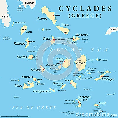 Cyclades, Group Of Greek Islands In The Aegean Sea, Political Map ...