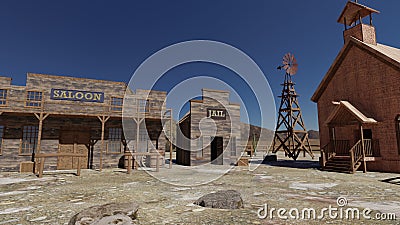 3D Animation of a Western Ghost Town on a Sunny Day, Including Several ...
