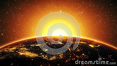 3D Earth By Night Close Up With Rising Sun Intro Logo Background Stock ...