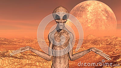 Illustration Of A Gray Alien With Arms In A Whatever Gesture With Moons ...