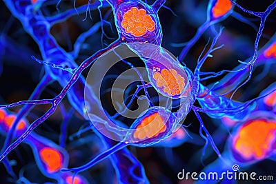 A 3D Microscopic Image Of A Network Of Nerve Cells, With Bright Blue ...