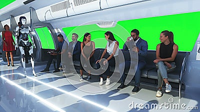3d People and Robots. Flying Passenger Train. Utopia. Concept of the ...