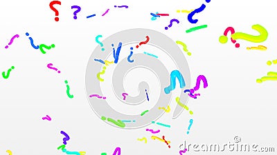 3D Question Marks Falling in Slow Motion Rainbow Colors on White ...