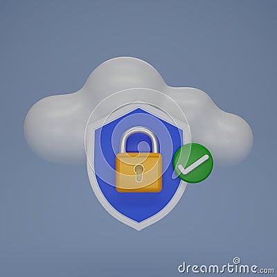 3D Render Cloud Storage With Shield And Padlock Isolate On Blue ...