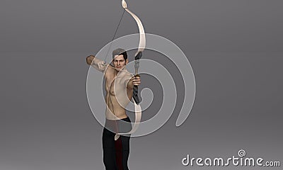 3D Render : A Shirtless Young Male Archer Pose Practicing Archery In ...