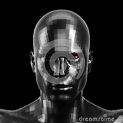 3D Rendering. Faceted Black Robot Face With Red Eyes Looking Front On ...