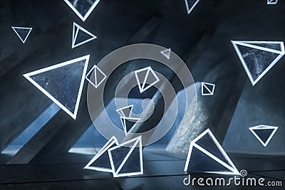 3d Rendering, Glowing Magic Triangles In Abandoned Room, Dark ...