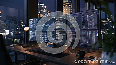A 3D Rendering Of A Software Backend Mock-up Showing Different Windows With Code Displayed. A ...