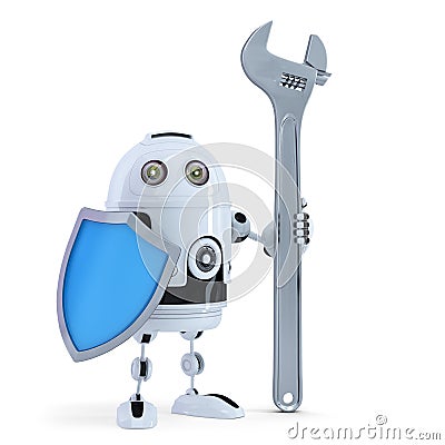 3D Robot With Adjustable Wrench And Shield. Technology Concept ...