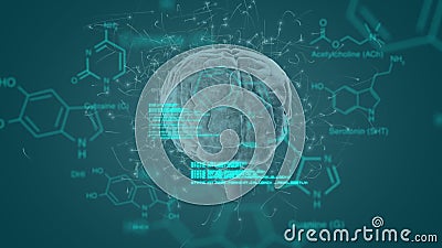 3d Rotating Brain with Data and Structural Formula of Chemical ...